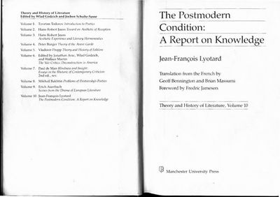 The Postmodern Condition A by Lyotard Jean Francois (36 items) - Biblio