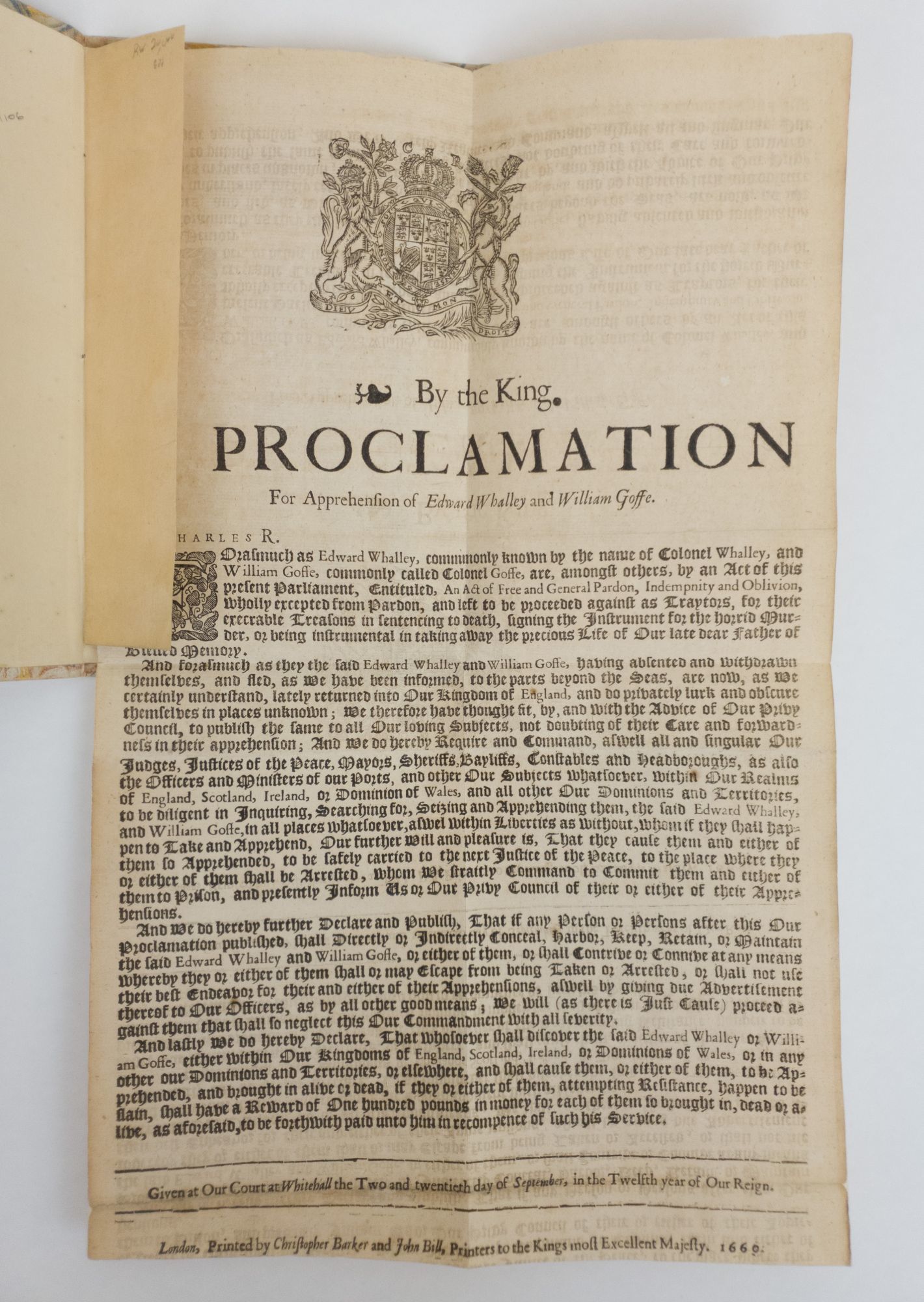 BY THE KING. A PROCLAMATION FOR THE APPREHENSION OF EDWARD WHALLEY AND ...