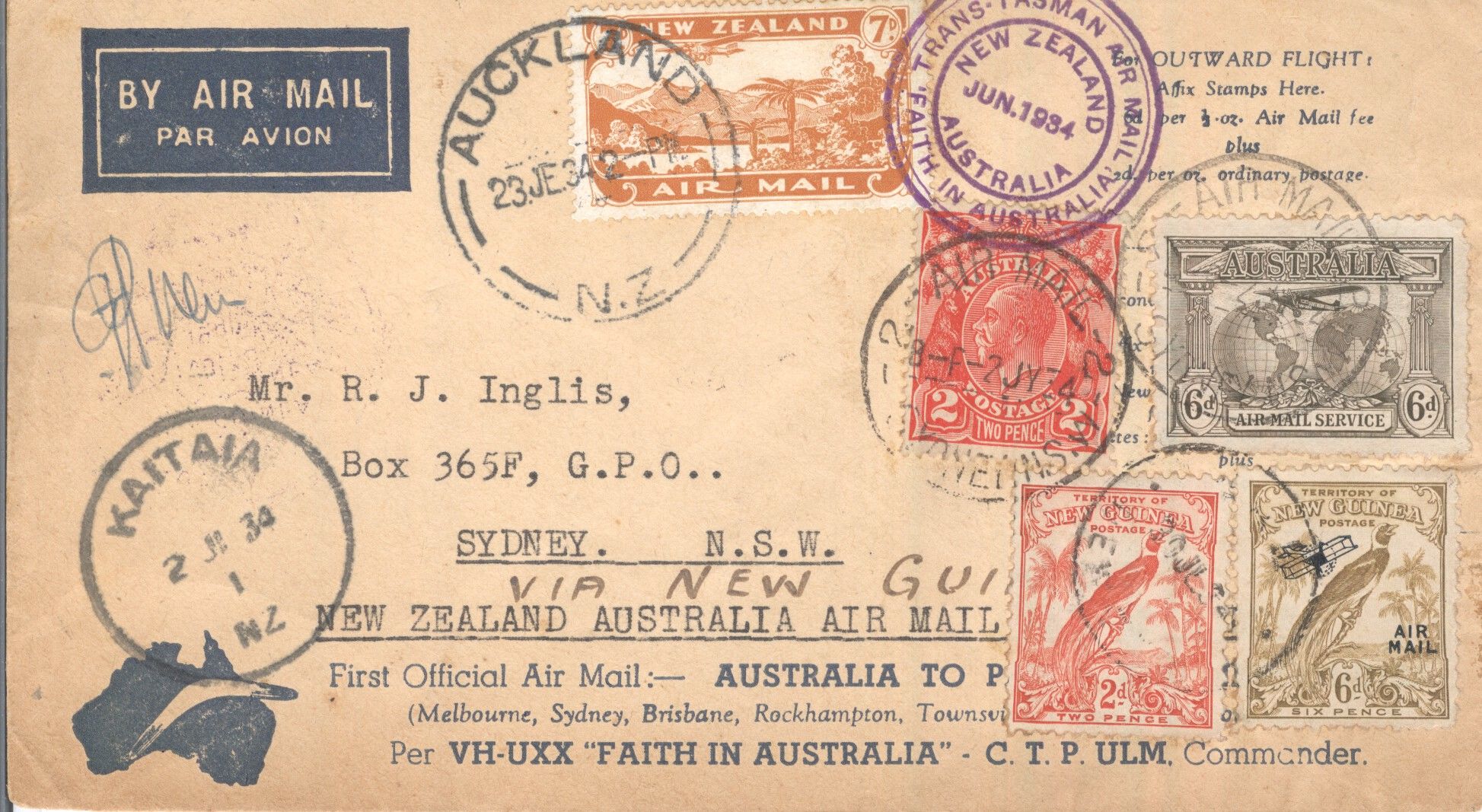 First Official Air Mail letter envelope signed, addressed to Mr R. J ...