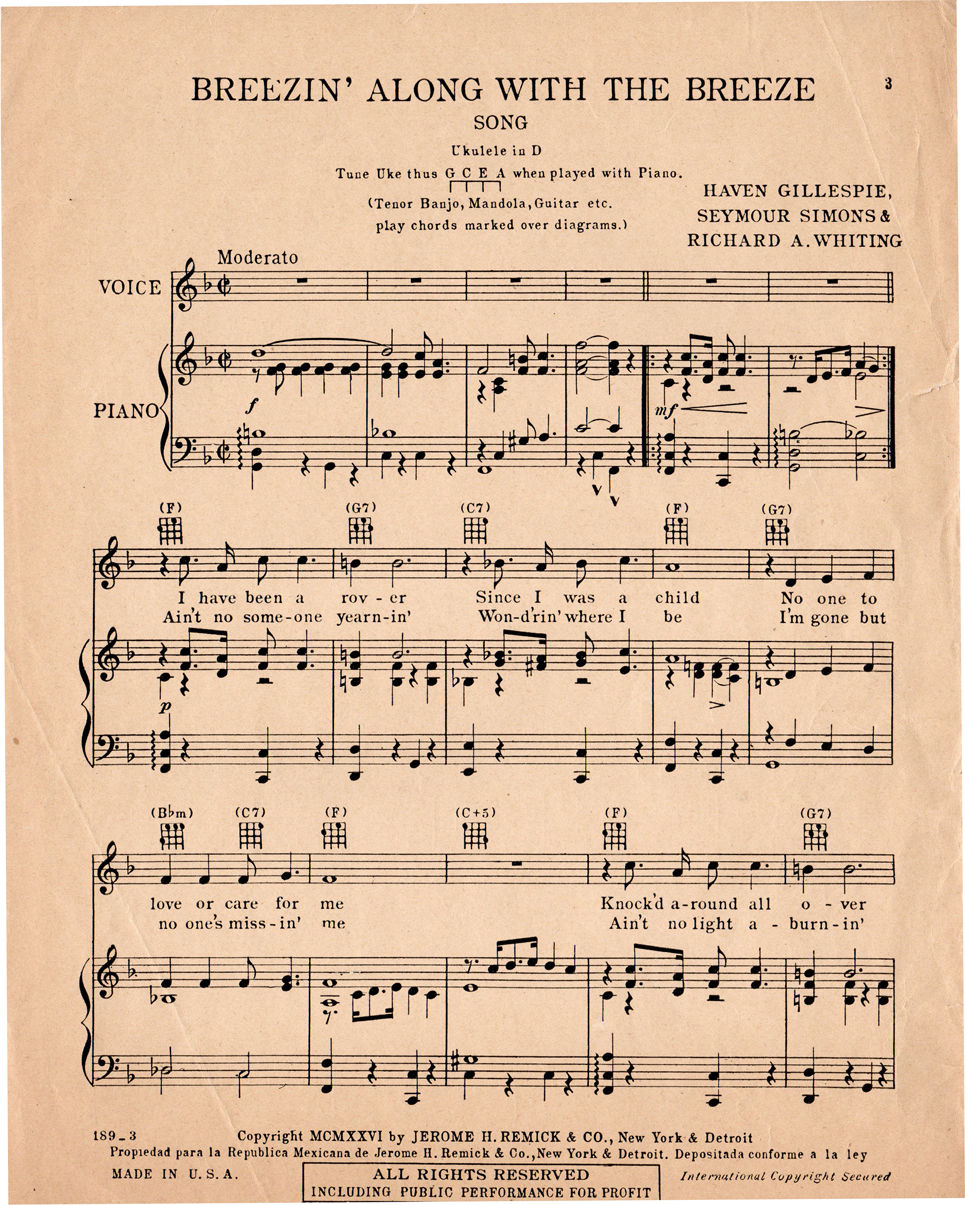 BIBLIO | Breezin' Along (With the Breeze) - 1926 Vintage Popular Sheet ...