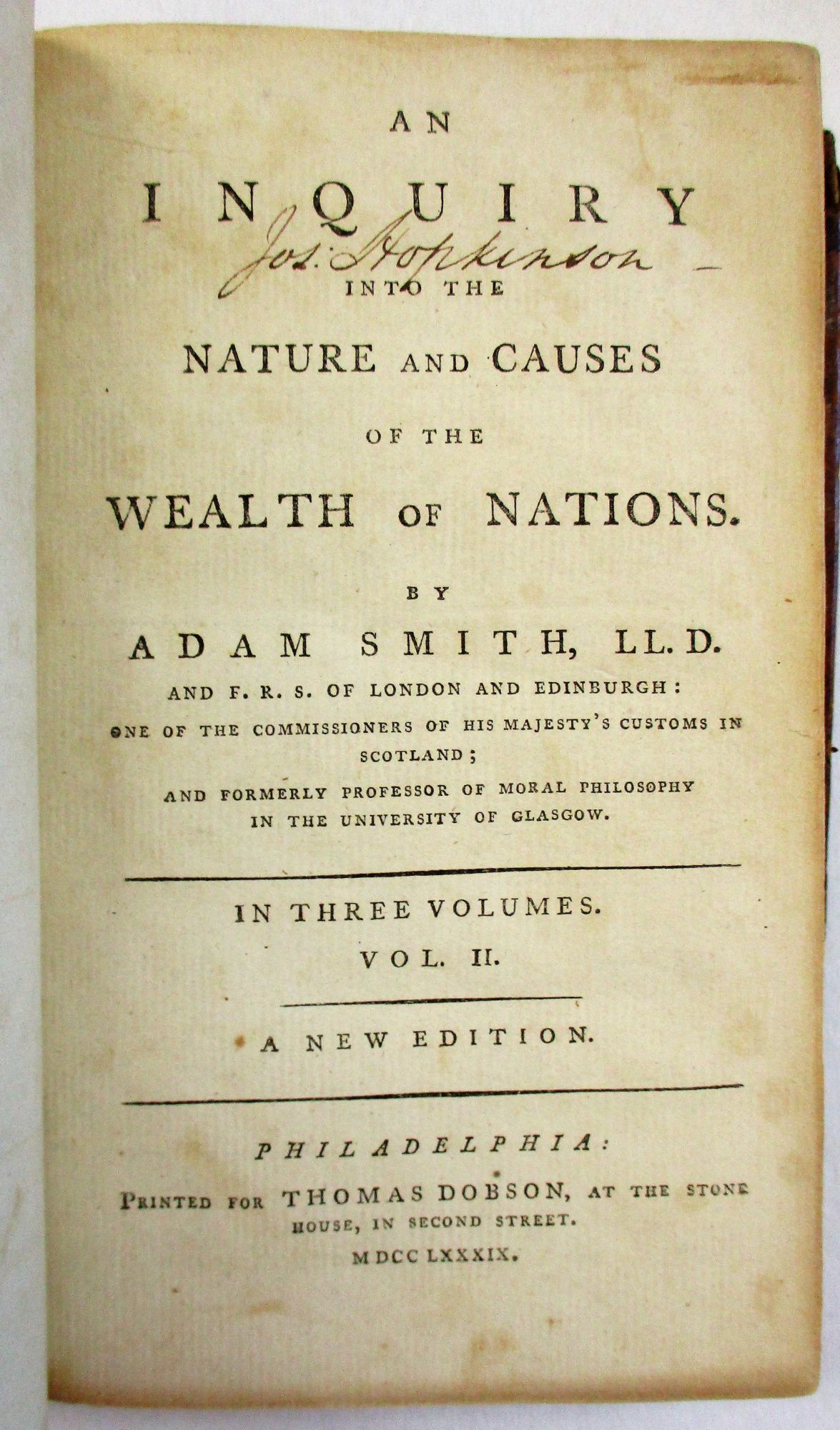 AN INQUIRY INTO THE NATURE AND CAUSES OF THE WEALTH OF NATIONS. IN ...