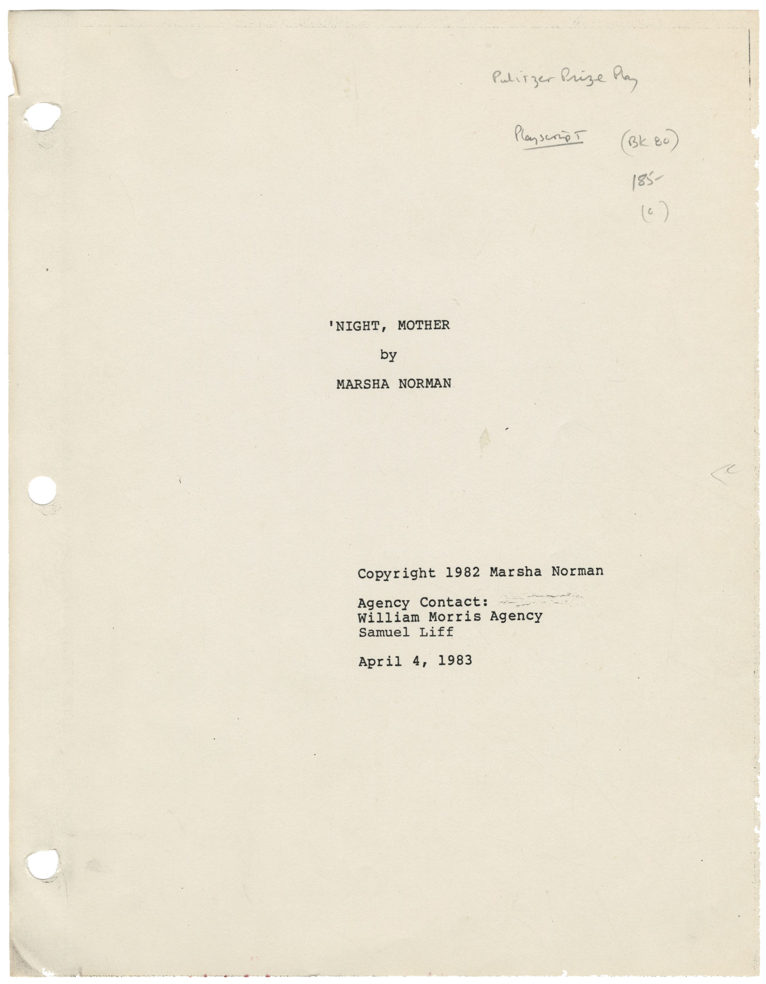 'Night Mother (Agency script for the 1982 play) by Marsha Norman (play ...