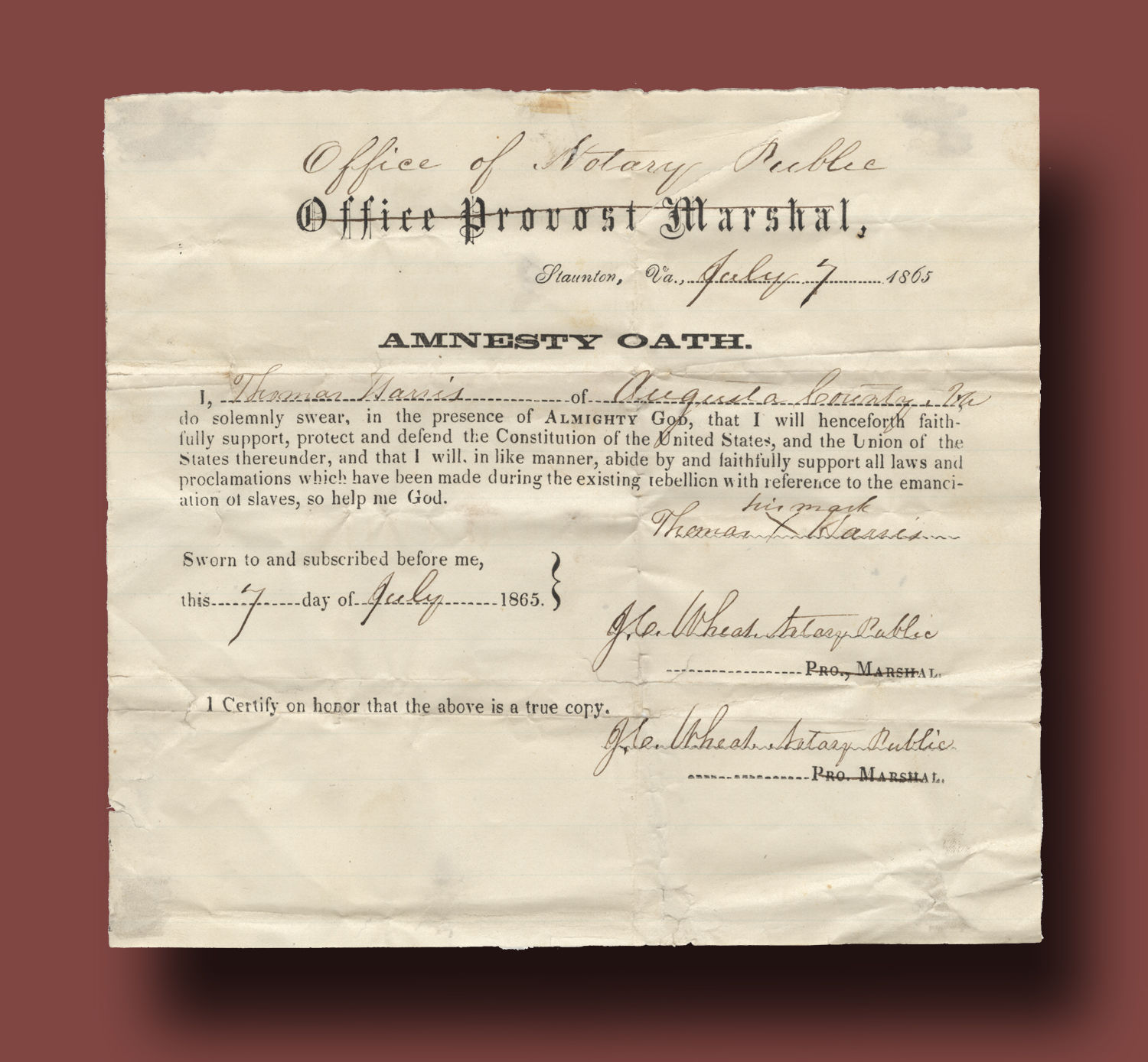 Rare Virginia Amnesty Oath! Eight weeks after Lincoln’s assassination ...