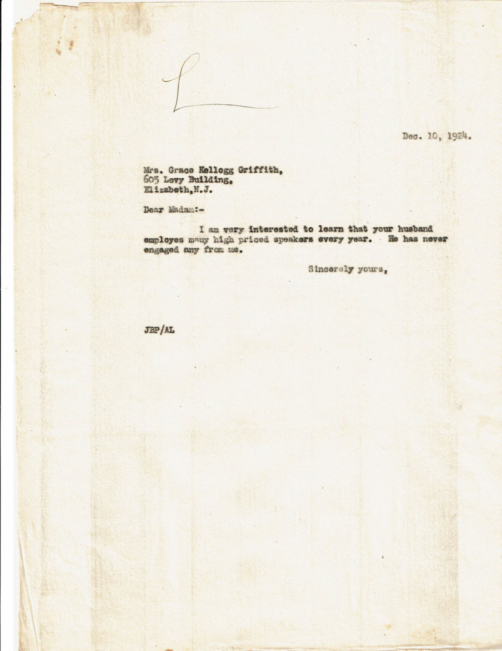 A CORRESPONDENCE consisting of 2 TYPED LETTERS SIGNED by GRACE KELLOGG ...