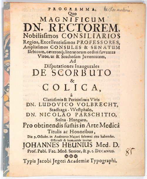 Programma - De Scorbuto & Colica. by Heun, Johann: = Volbrecht, Ludwig ...