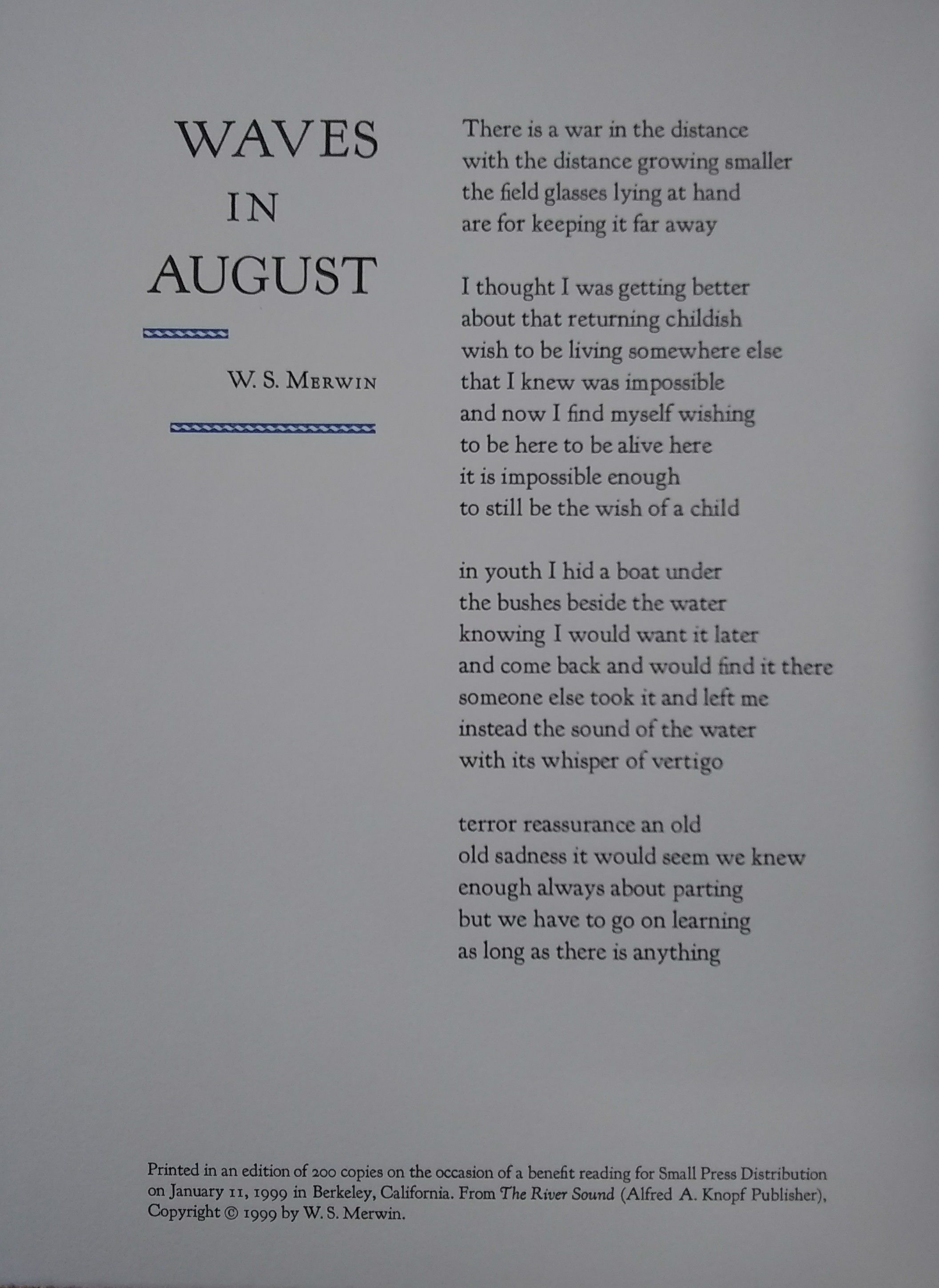 Waves in August by W.S. Merwin | 1999 | Small Press Distribution | Biblio