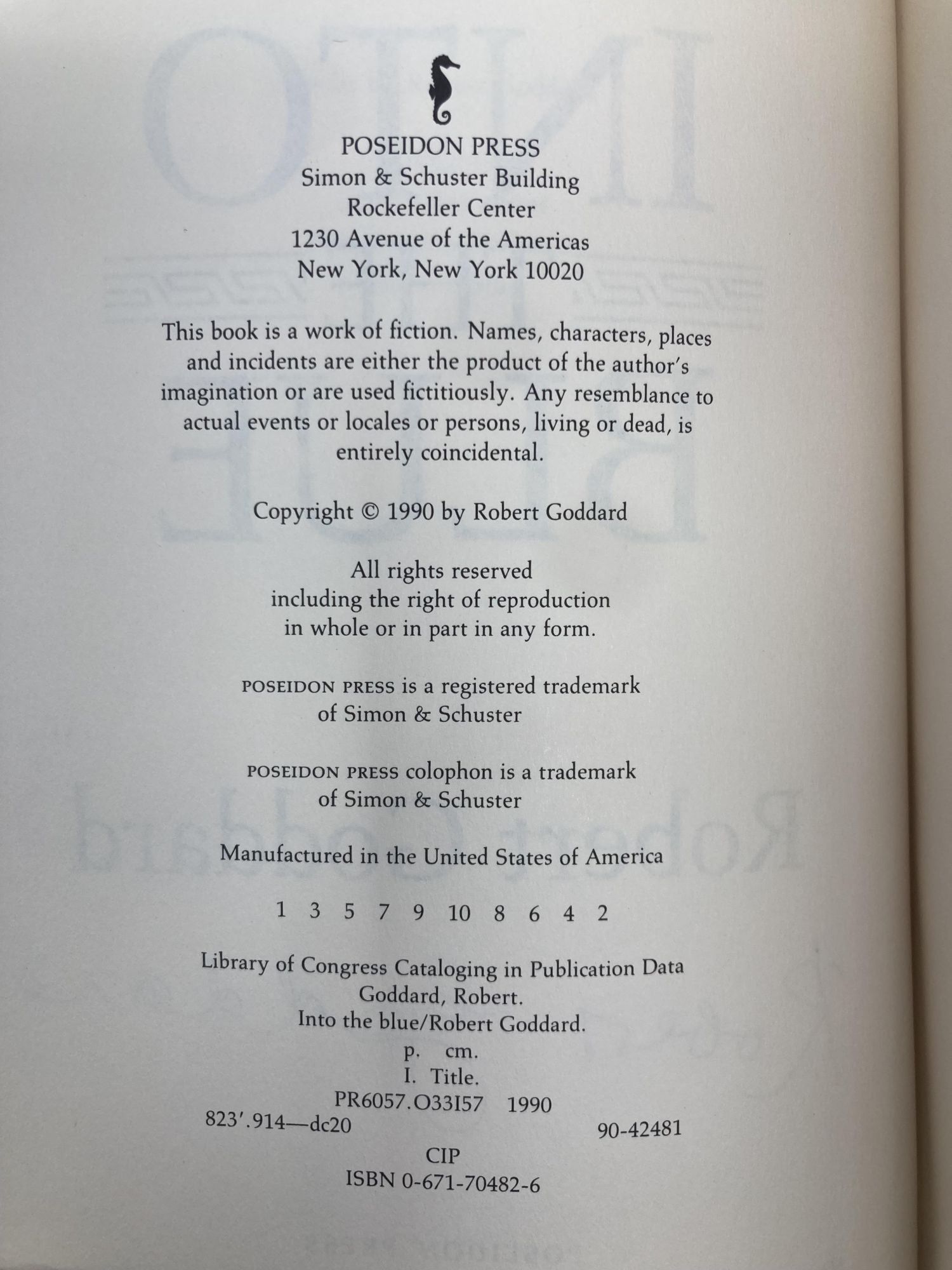 Into the Blue by Goddard, Robert | Hardcover | 1990 | Poseidon Pr ...