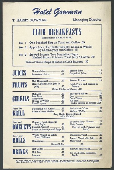 VINTAGE BREAKFAST MENU FOR HOTEL GOWMAN, SEATTLE, WASHINGTON by Menu - 1943