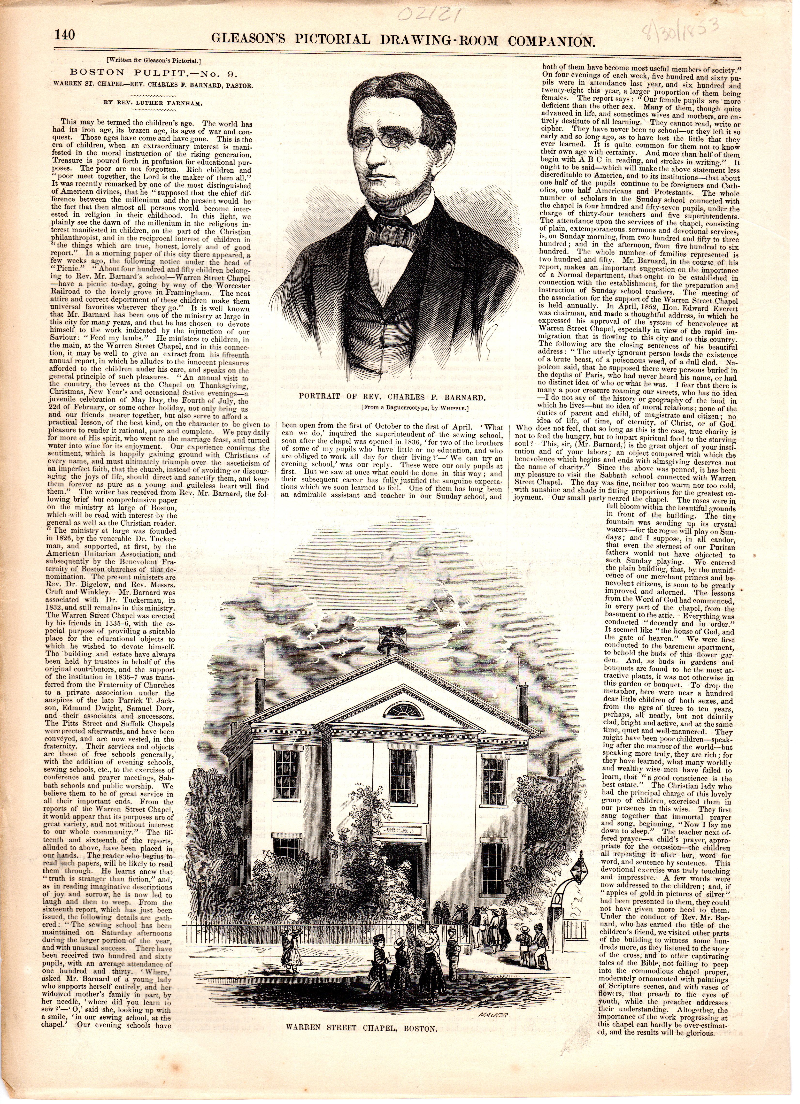PRINT: "Boston Pulpit No. 9: 'Warren Street Chapel, Rev. Charles F ...