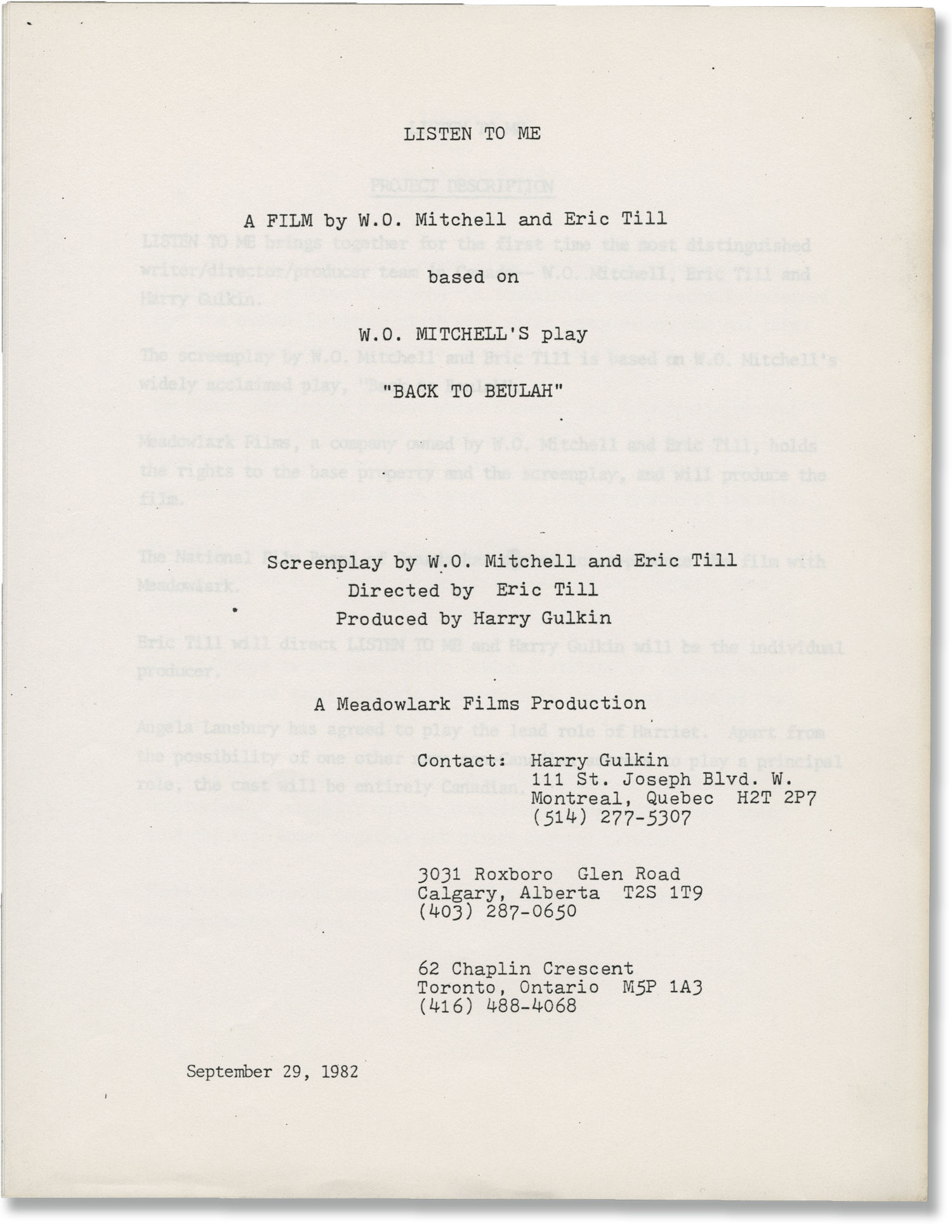 Listen to Me [Back to Beulah] (Original screenplay for an unproduced ...