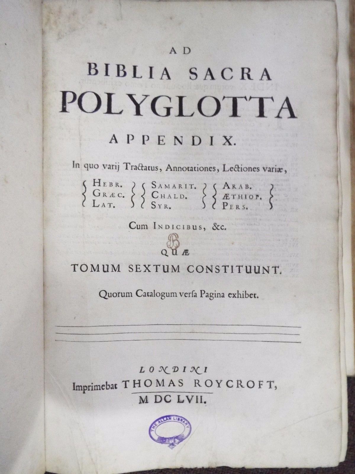 6 Volume Folio Walton Polyglot Bible (1654-1657) - 9 Languages by Bible ...