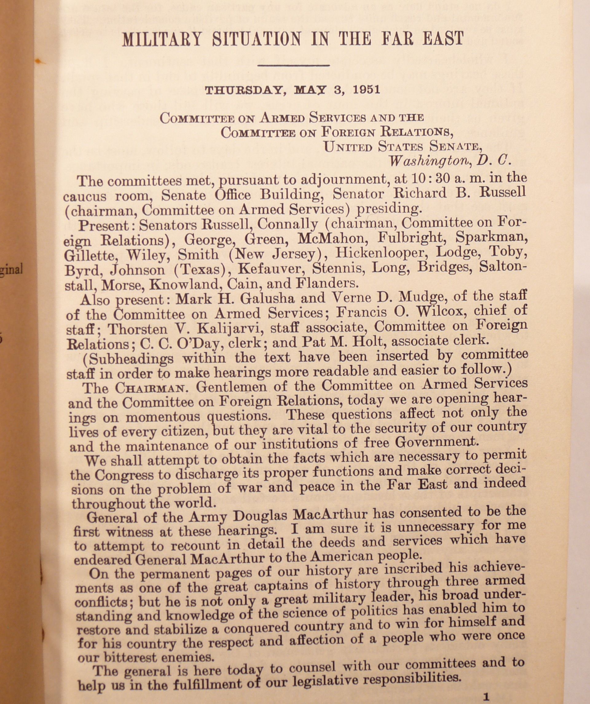 Testimony of General Douglas MacArthur Before the Armed Services and ...