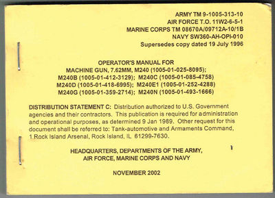 TM 9-1005-313-10: OPERATOR'S MANUAL, MACHINE GUN, 7.62mm, M240, M240B ...