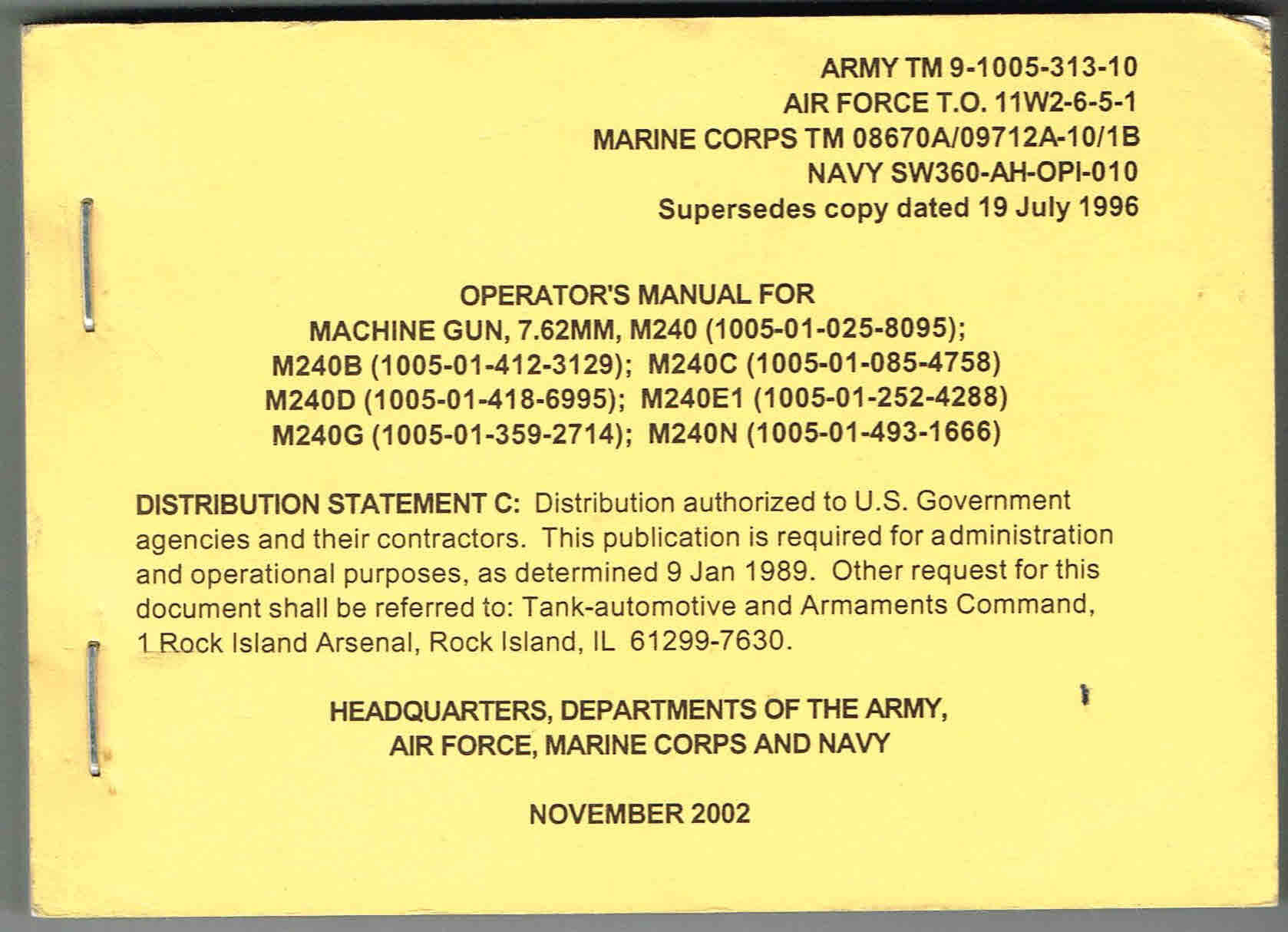 TM 9-1005-313-10: OPERATOR'S MANUAL, MACHINE GUN, 7.62mm, M240, M240B ...