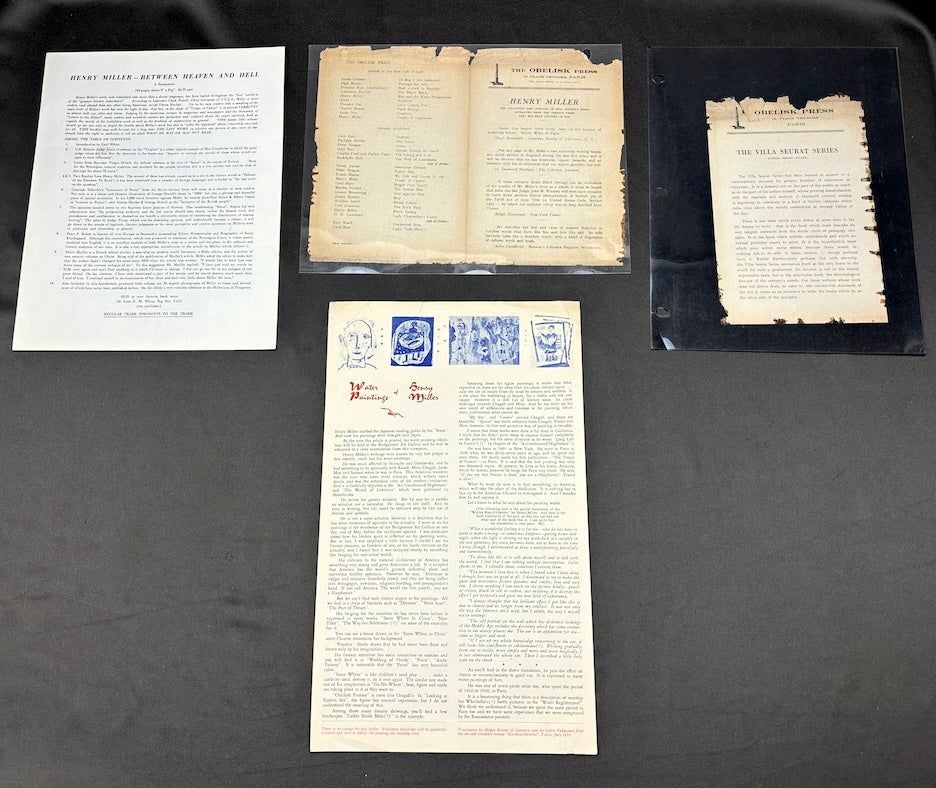 4 pieces of ephemera: Ad for Villa Seurat Series (Obelisk Press), flyer ...