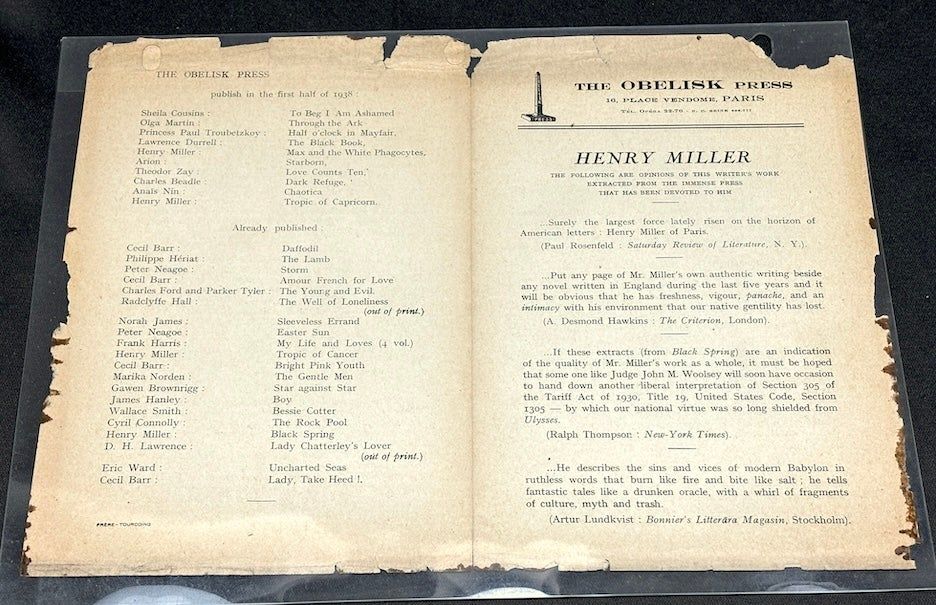 4 pieces of ephemera: Ad for Villa Seurat Series (Obelisk Press), flyer ...