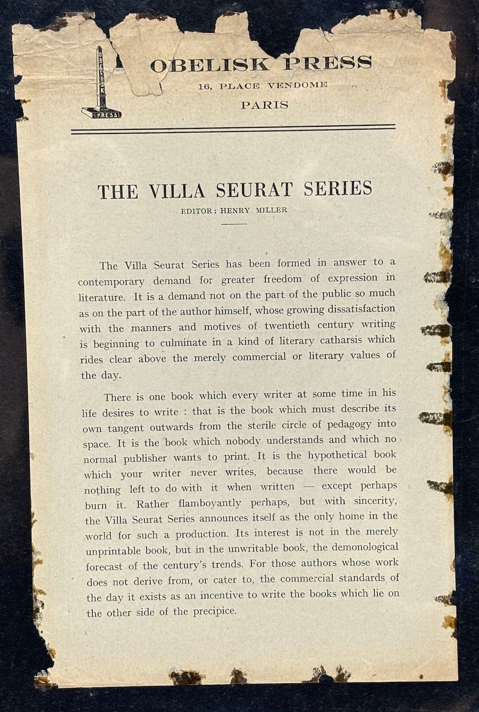 4 pieces of ephemera: Ad for Villa Seurat Series (Obelisk Press), flyer ...