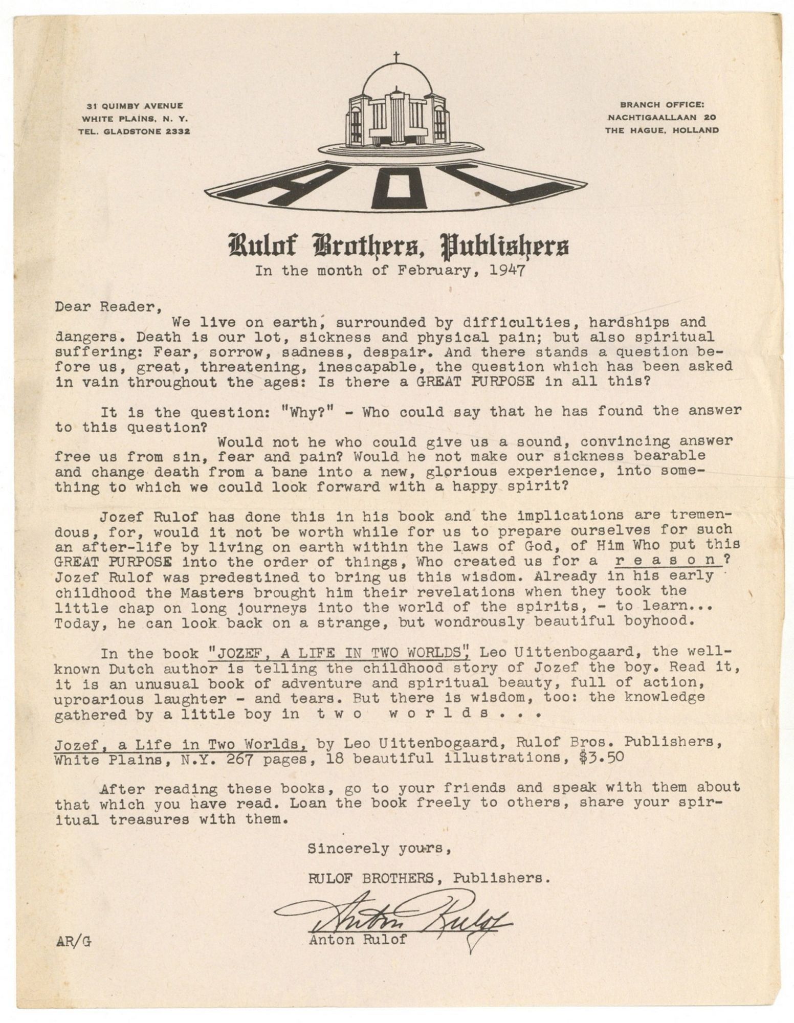 Publisher's Form Letter Advertising Jozef Rulof's Biography Jozef, A ...