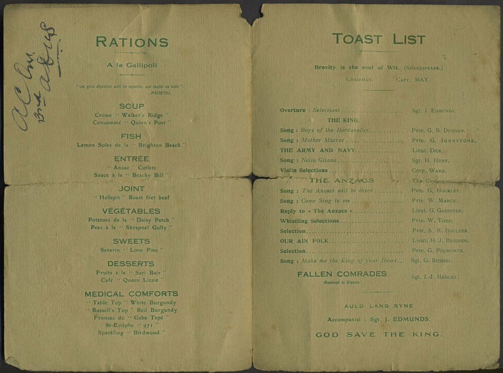ANZAC Anniversary Day. Commemorative menu and program for the First ...