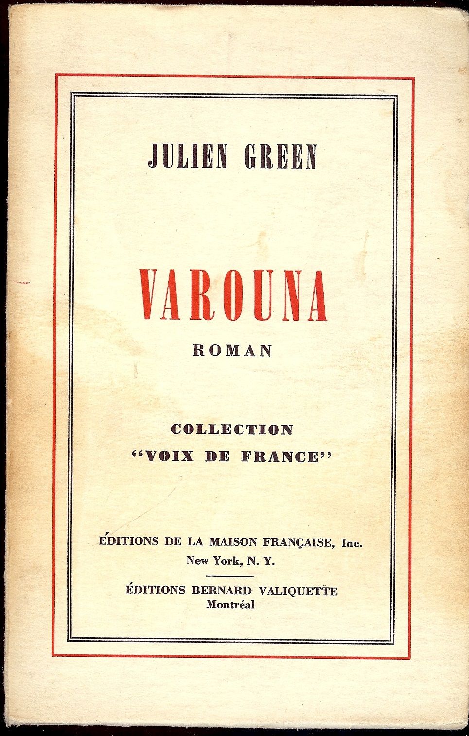 VAROUNA: ROMAN by GREEN, Julien | 1941 | Biblio