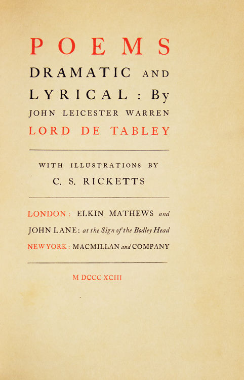 Poems, Dramatic and Lyrical by (Ricketts, Charles) De Tabley, John ...