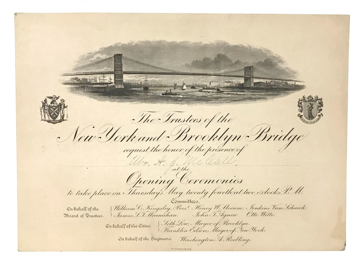 Engraved invitation to the opening ceremonies of the Brooklyn Bridge by ...