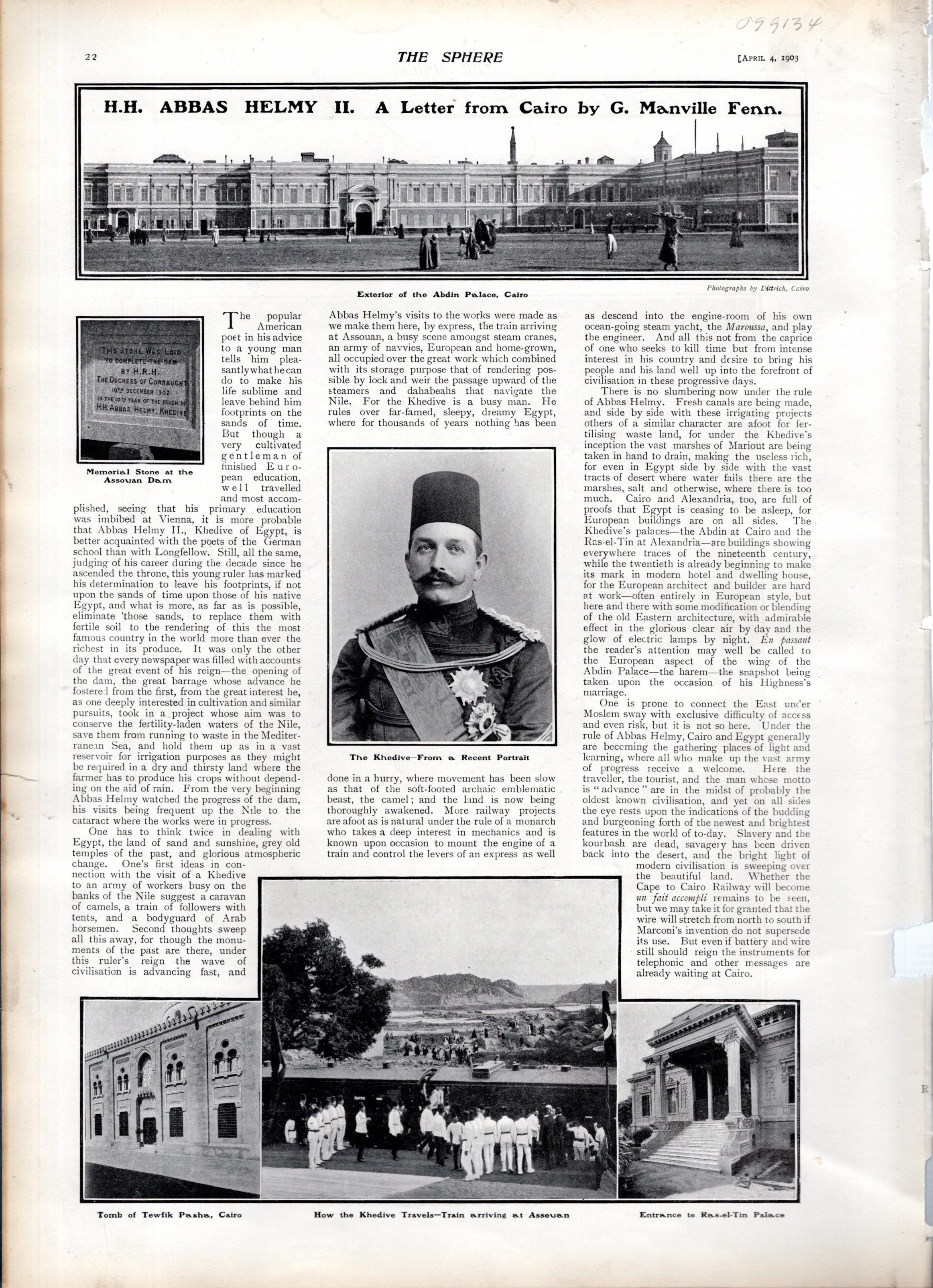 PRINT: "H.H. Abbas Helmy II: A Letter from Cairo By g Manville Fenn"... photos from The Sphere ...