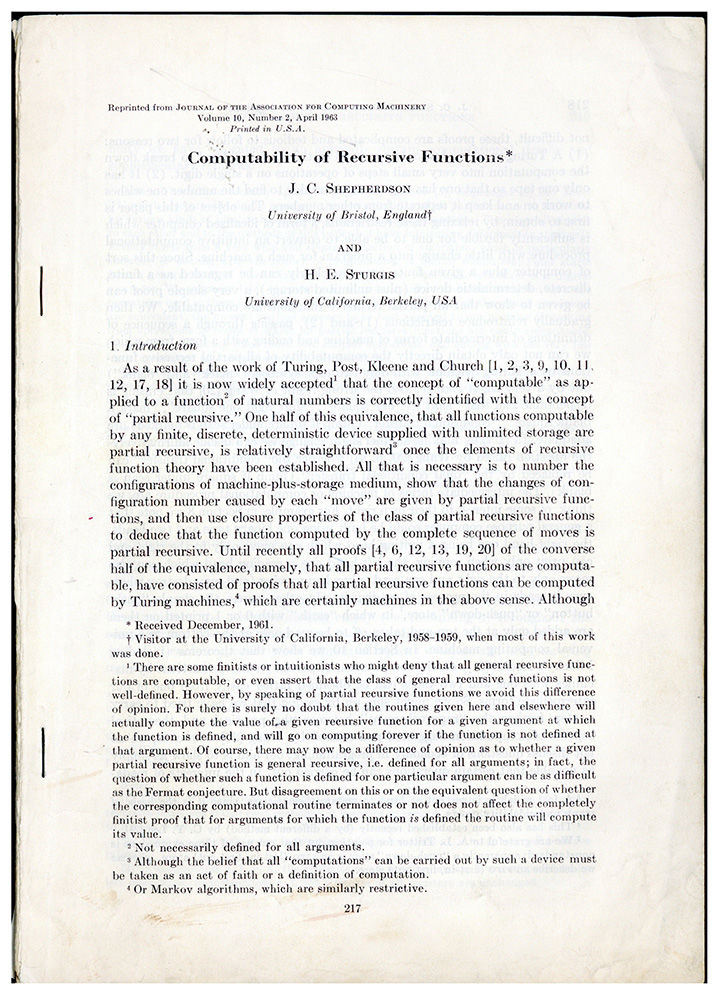 Computabiity of recursive functions. Offprint by Shepherdson, John; H. E. Sturgis | 1963 | Biblio