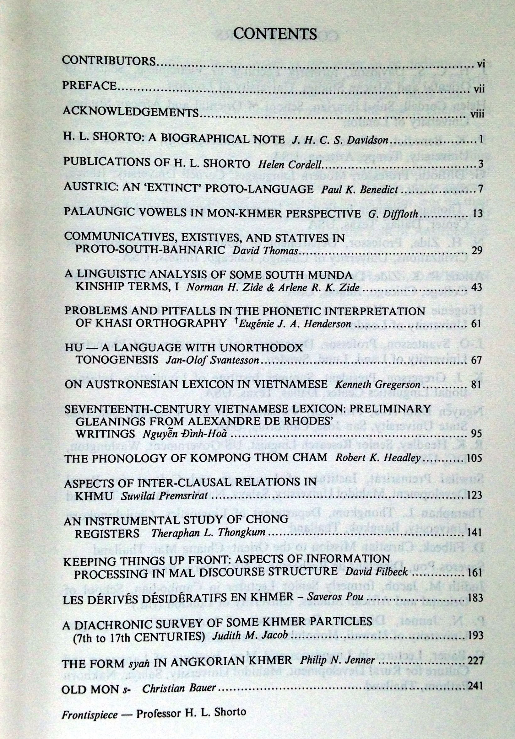 Austroasiatic Languages Essays in Honour of H. L. Shorto by J.H.C.S ...