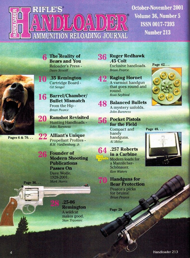 HANDLOADER AMMUNITION RELOADING JOURNAL OCT.-NOV. 2001 NO. 213 VOL. 36 ...