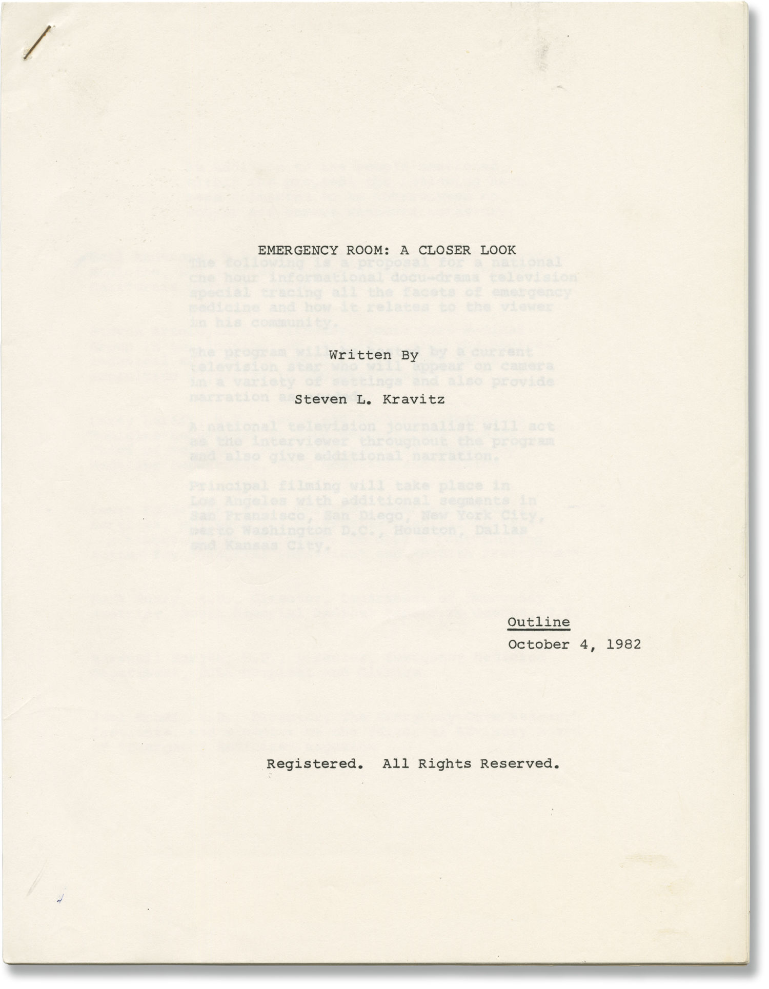 BIBLIO | Emergency Room: A Closer Look (Original screenplay for an ...