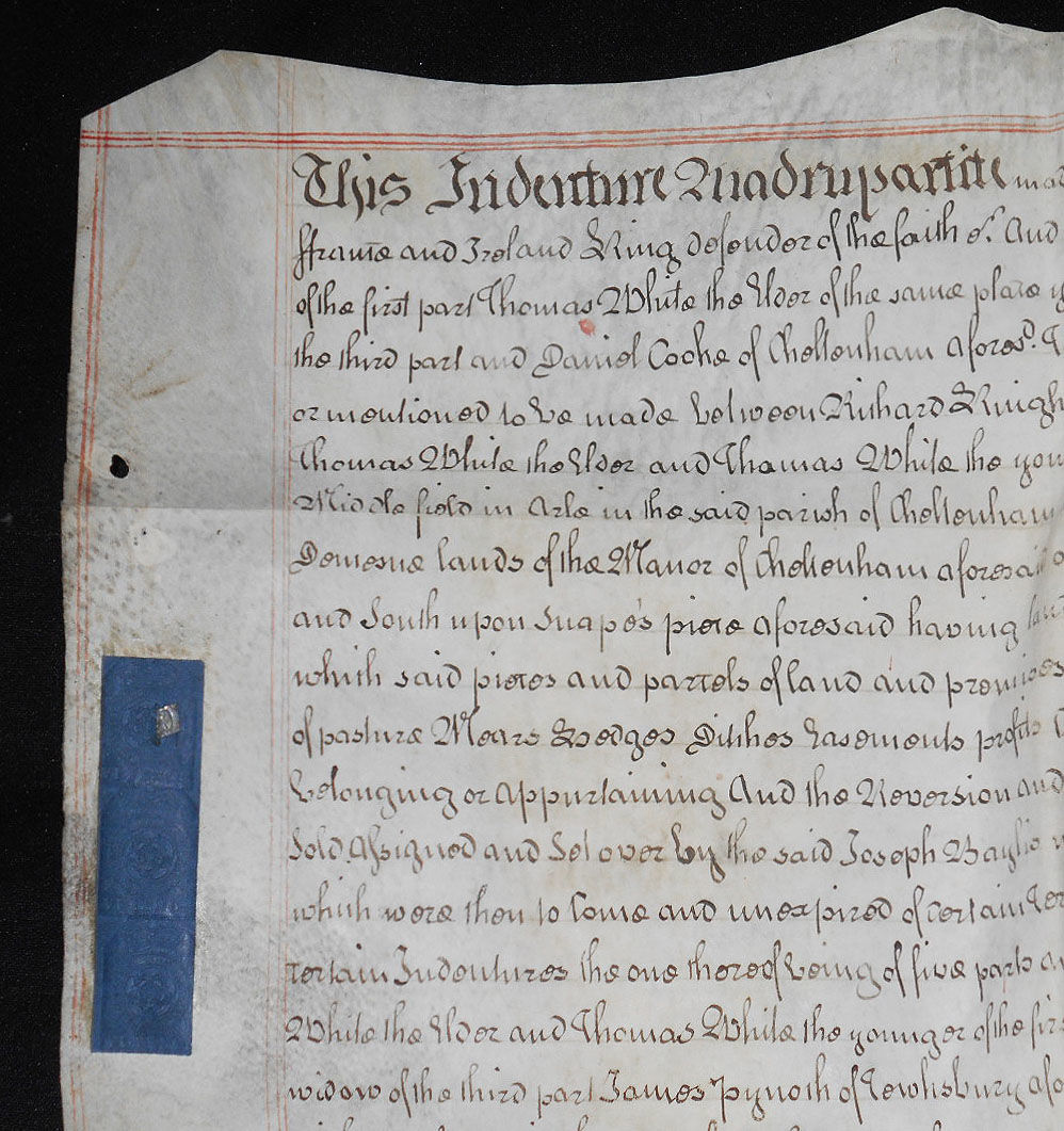 1 handwritten parchment deed for land in the Parish of Cheltenham ...