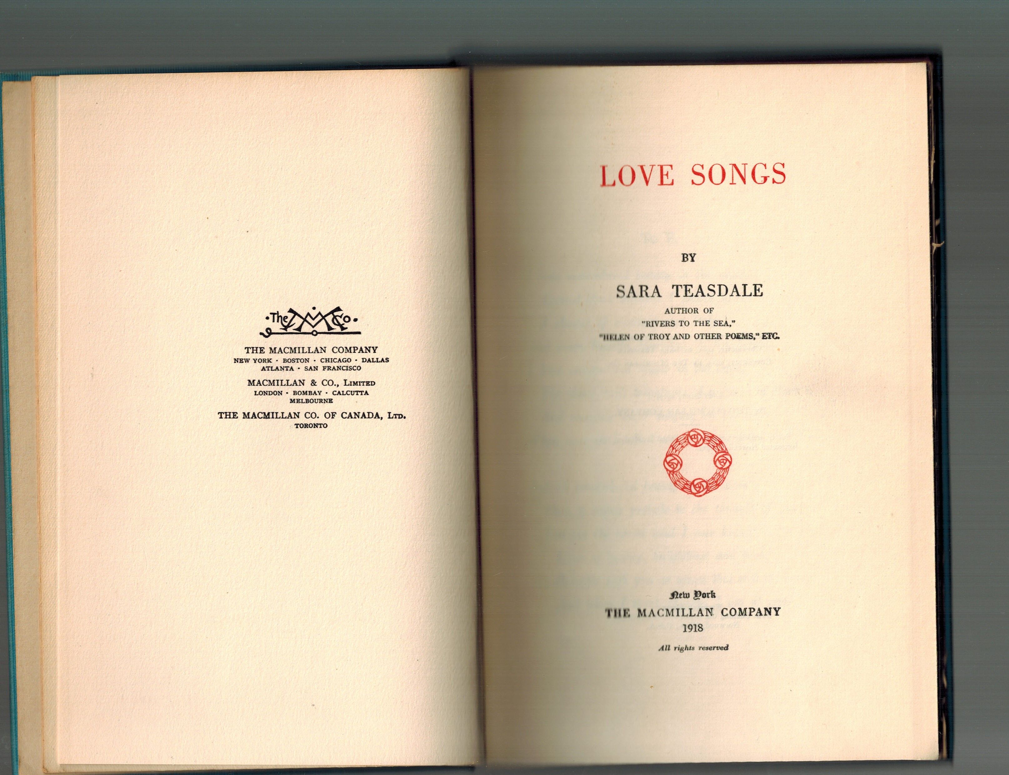 Love Songs by Teasdale, Sara | Hardcover | 1918 | The Macmillan Co ...