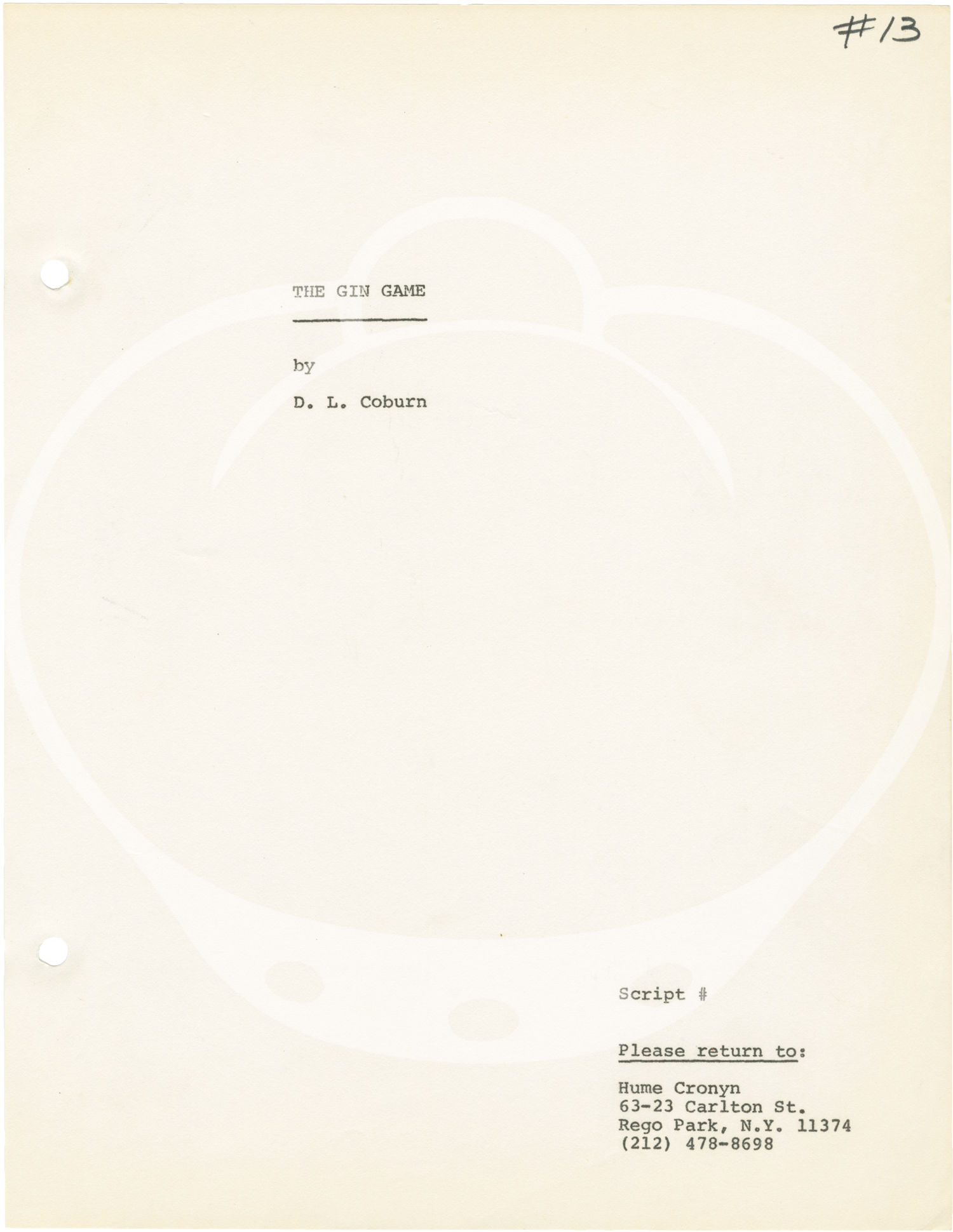 The Gin Game (Original script for the 1977 play, Hume Cronyn's copy) by ...