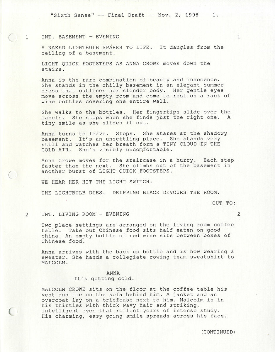 SIXTH SENSE, THE (1998) Final Shooting script signed by director M ...