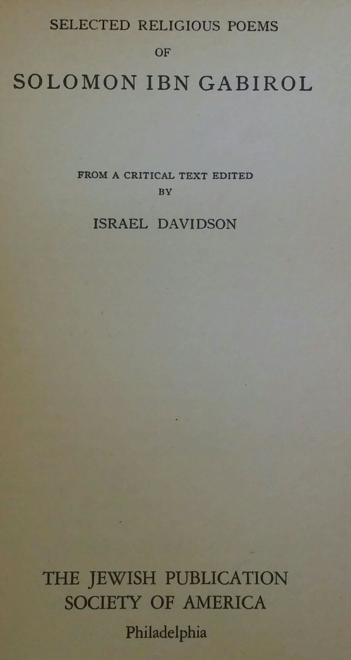 Selected Religious Poems of Solomon Ibn Gabirol Selected Religious ...