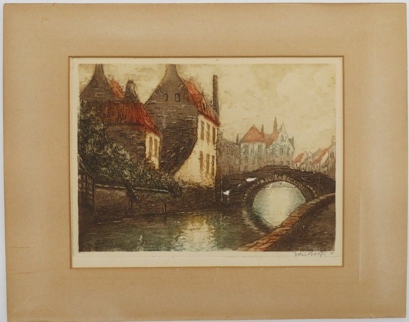 ORIGINAL ALFRED VAN NESTE BELGIAN BRIDGE ETCHING PENCIL SIGNED by ...