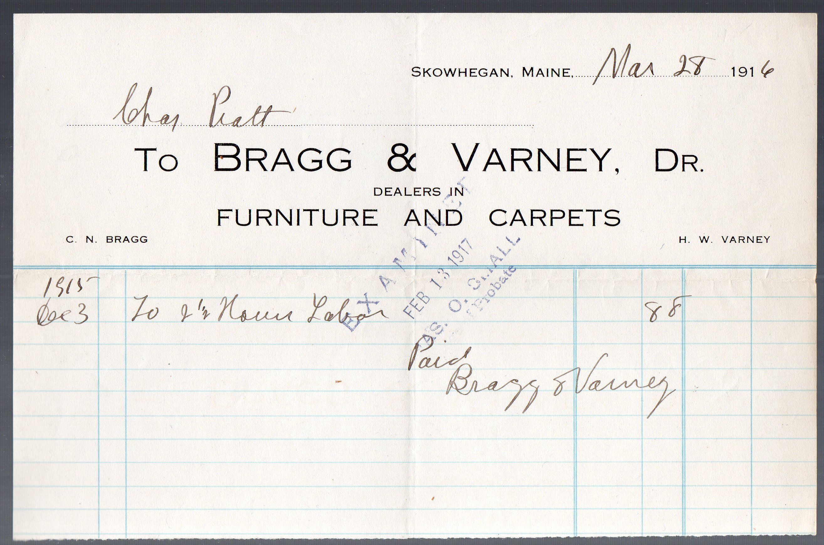 1916 Bragg and Varney Furniture & Carpets Skowhegan, Maine Billhead by ...