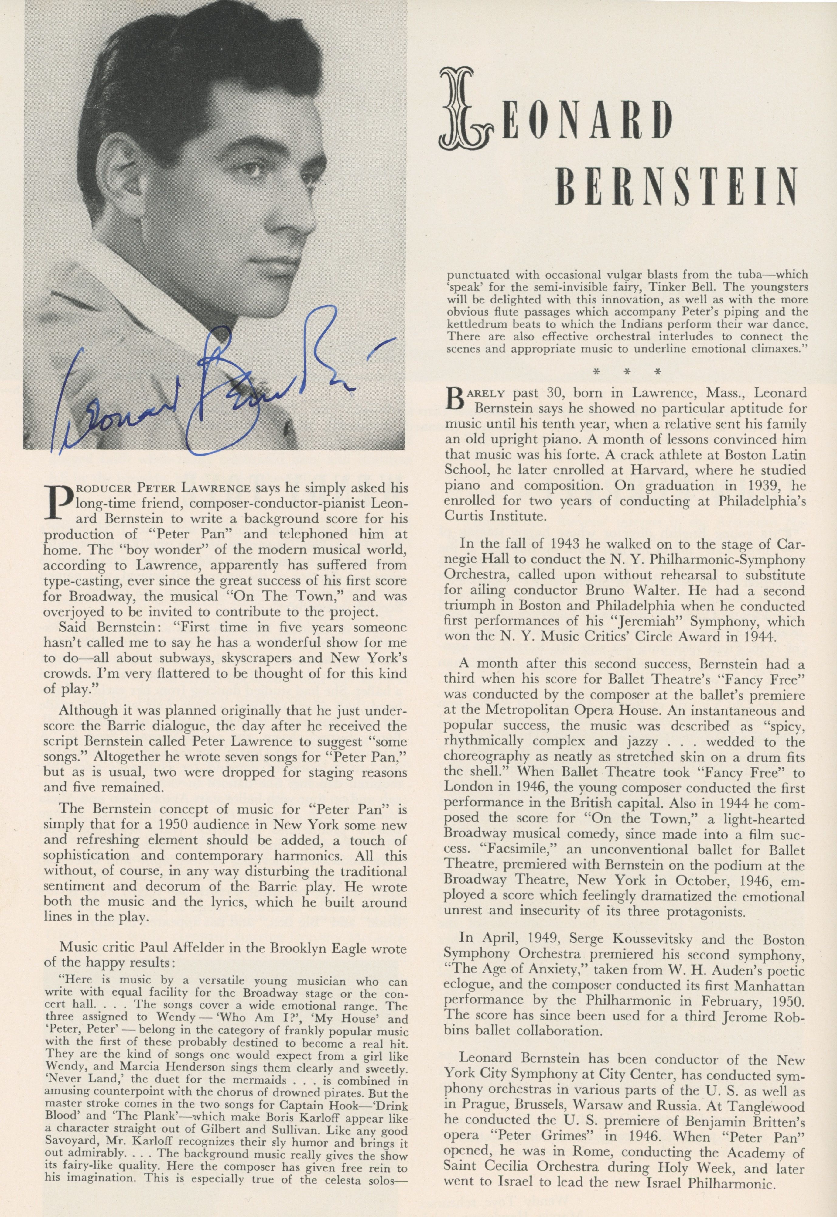 Peter Pan" - Signed Souvenir Program by Bernstein, Leonard. (1918-1990 ...