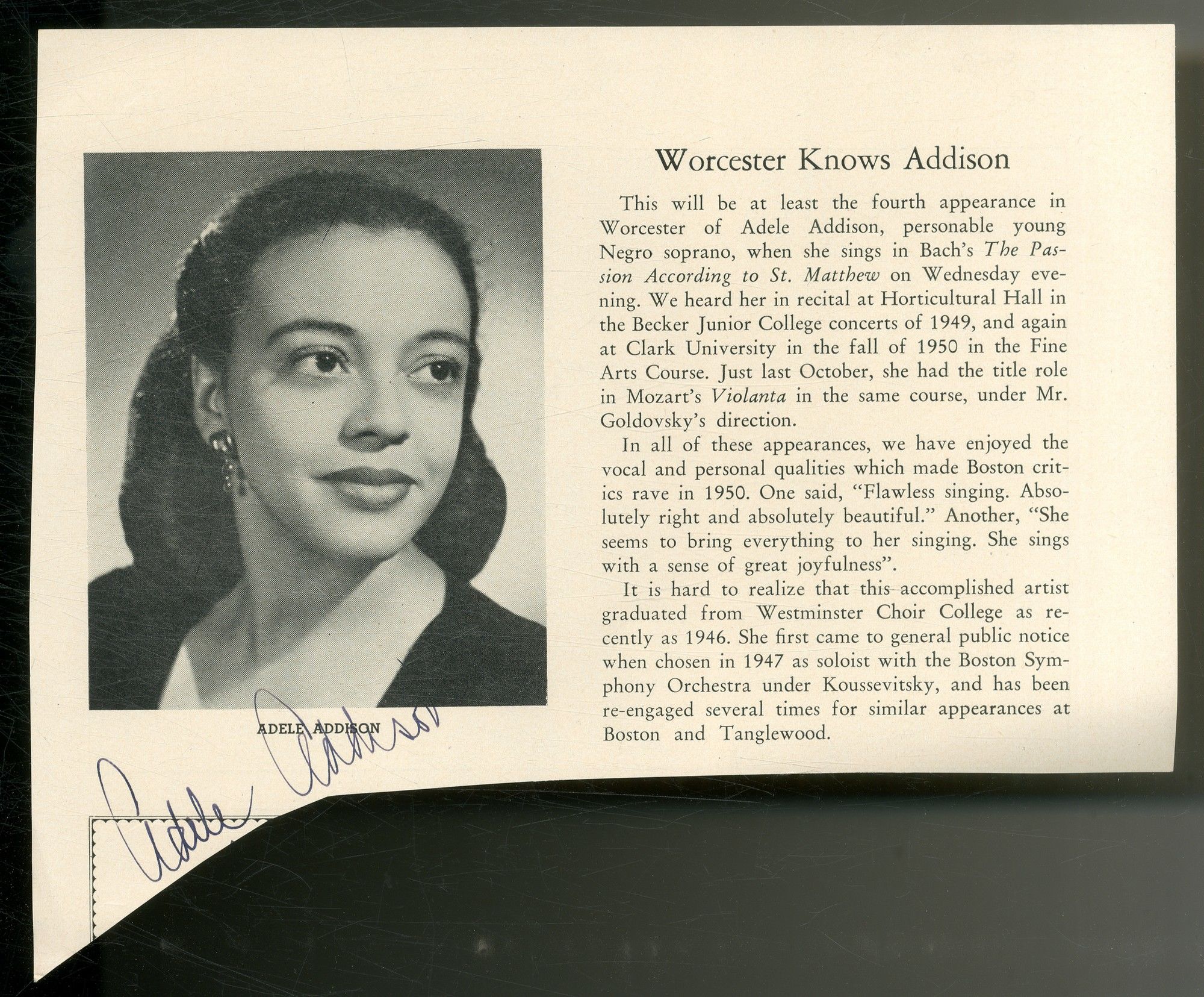 Autograph of Adele Addison by ADDISON, Adele | Unbound | 1952 ...