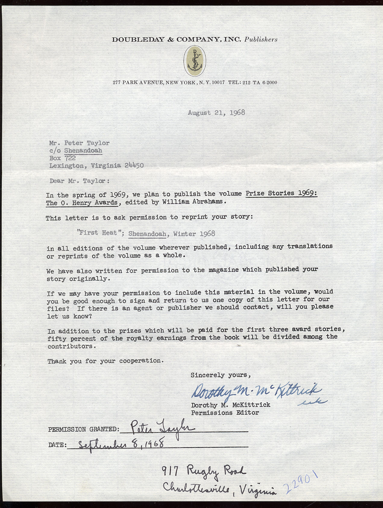 Typed Letter Signed by Dorothy M. (Peter Taylor) MCKITTRICK - Signed ...