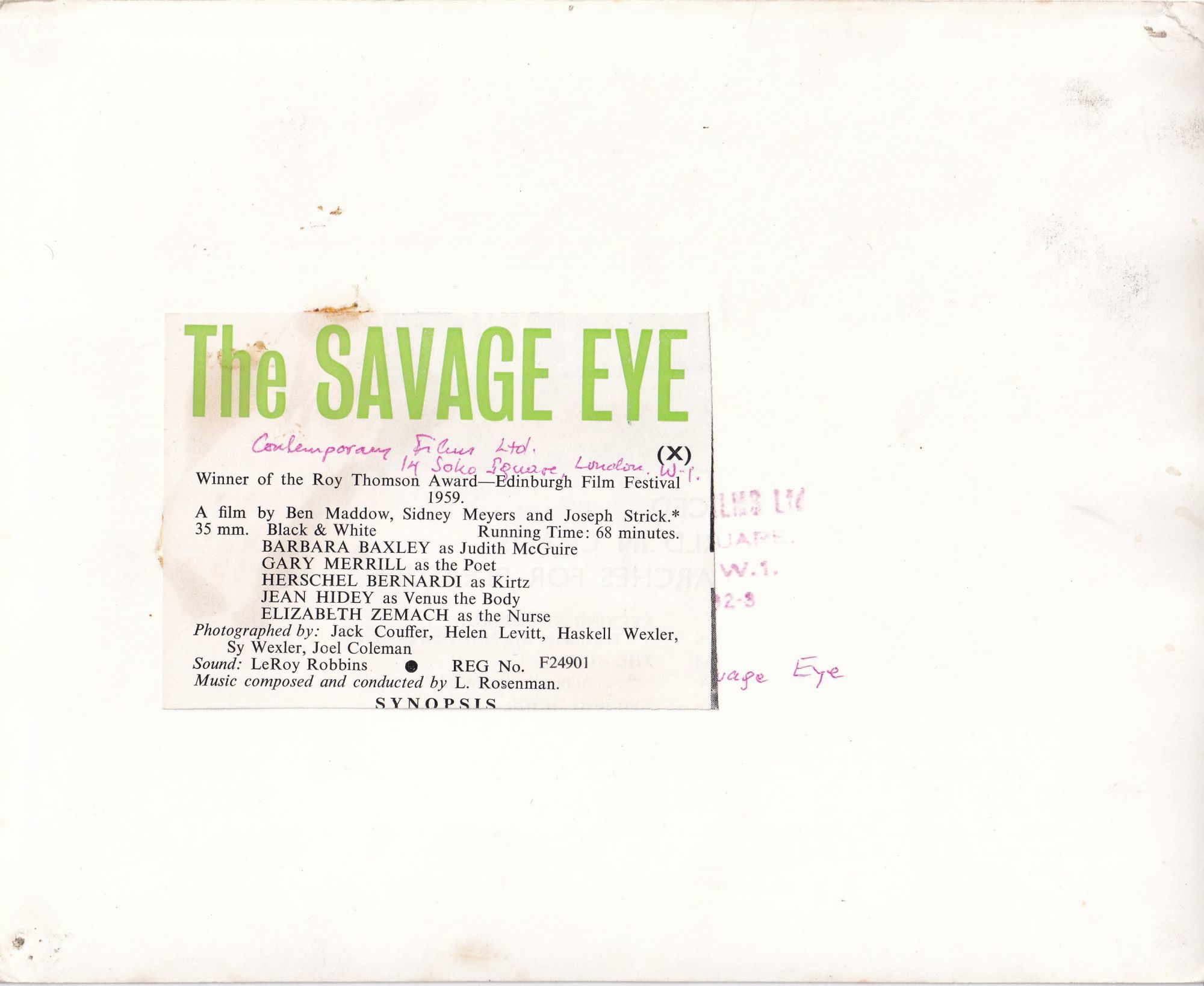 The Savage Eye (Eight original photographs from the 1959 film) by Ben ...