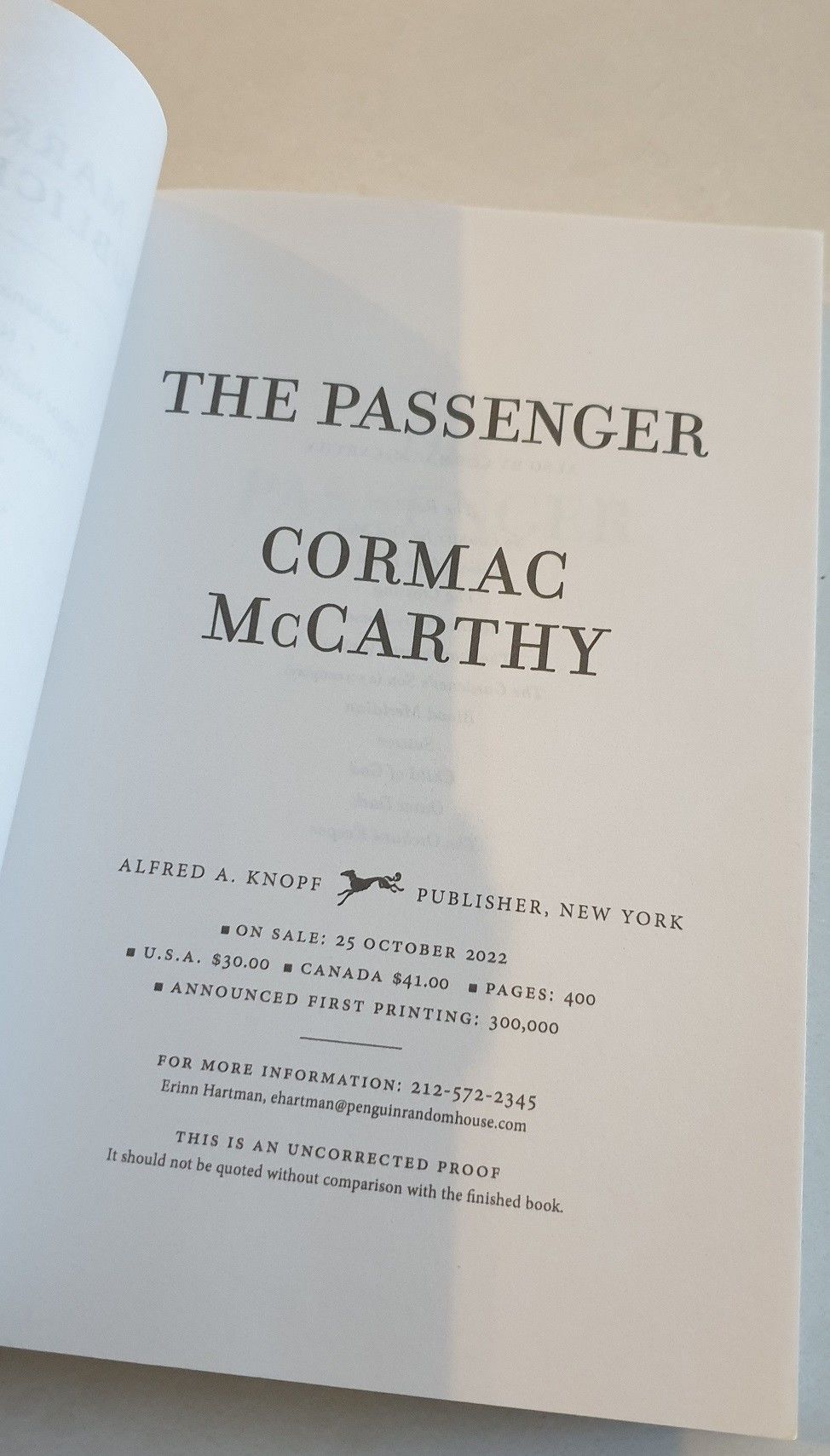 BIBLIO | The Passenger by Cormac McCarthy | Paperbound proof | 2022 ...