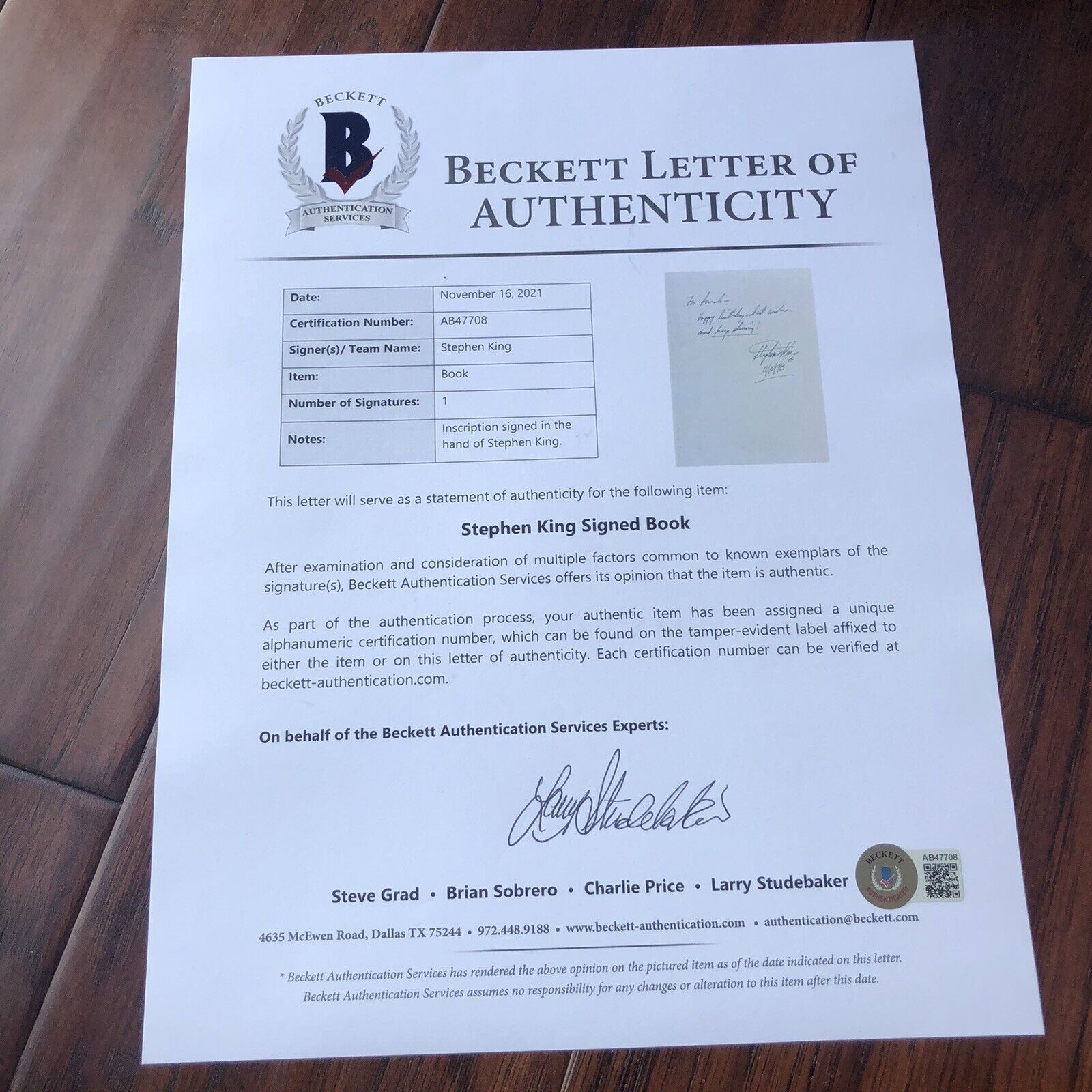 Stephen King Hand Signed "...Keep Shining" Autograph THE SHINING by ...