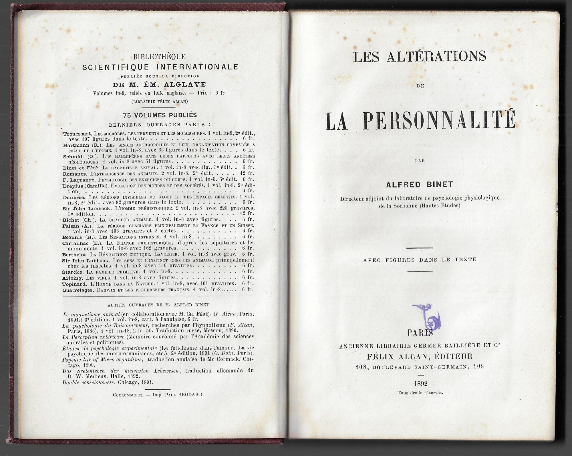 Les Alterations de la Personnalite by Alfred Binet - Hardcover - 1892 ...