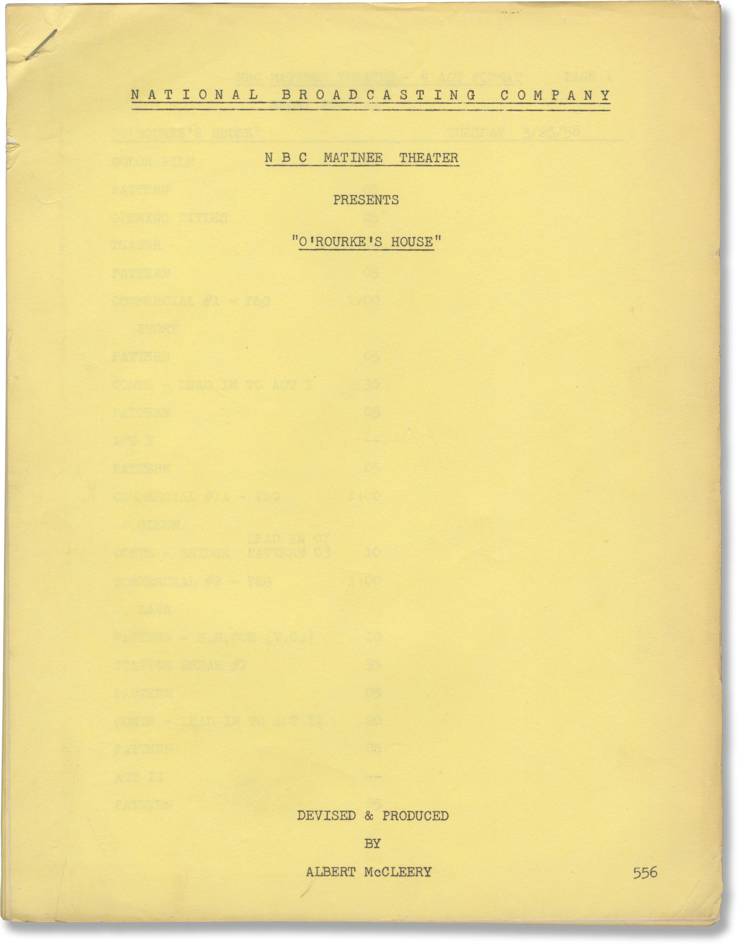 Matinee Theatre: O'Rourke's House (Original screenplay for the 1958 ...