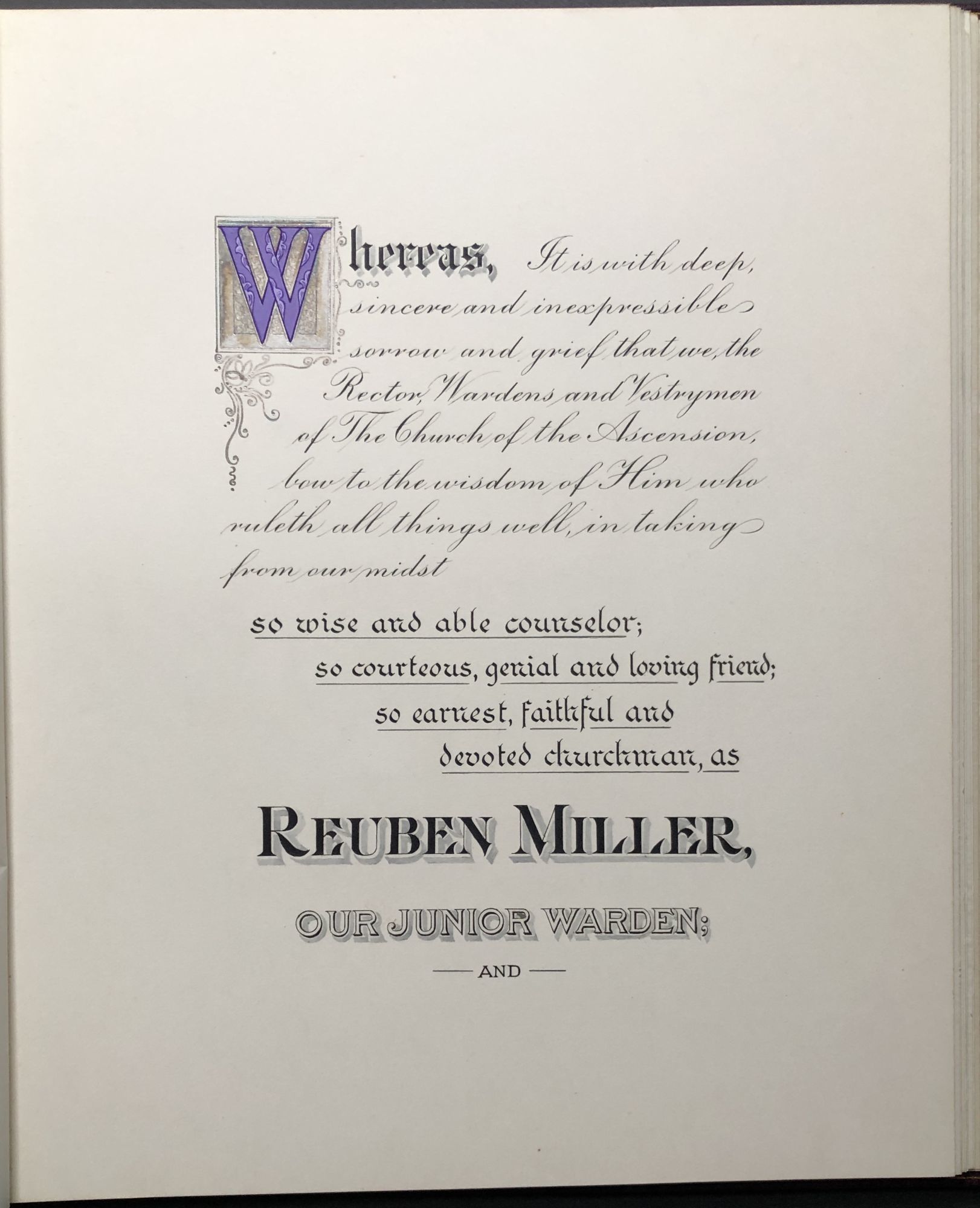 In Memoriam Reuben Miller: 1917 large unique calligraphed book in full ...