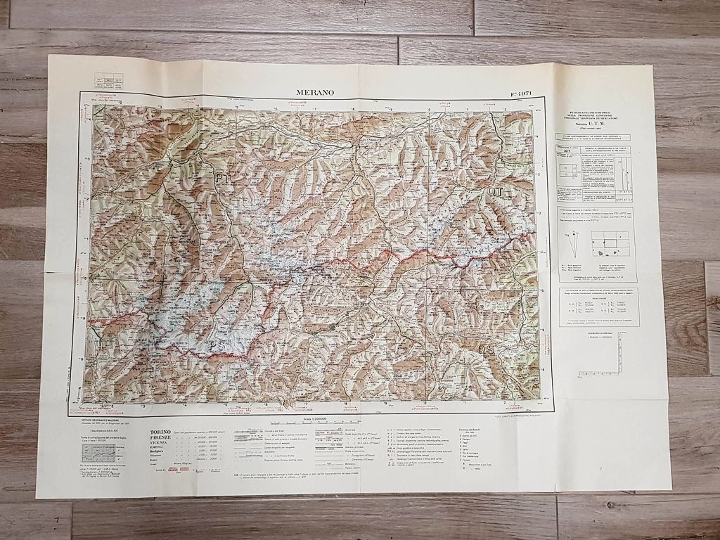 Carta geografica mappa Merano e Trentino Alto Adige I.G.M. Anno 1950 Cm ...