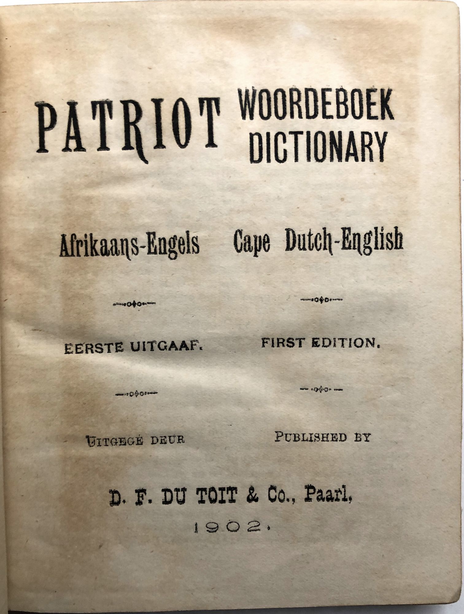 Patriot Woordeboek Dictionary, Afrikaans-Engels; Cape Dutch-English by ...