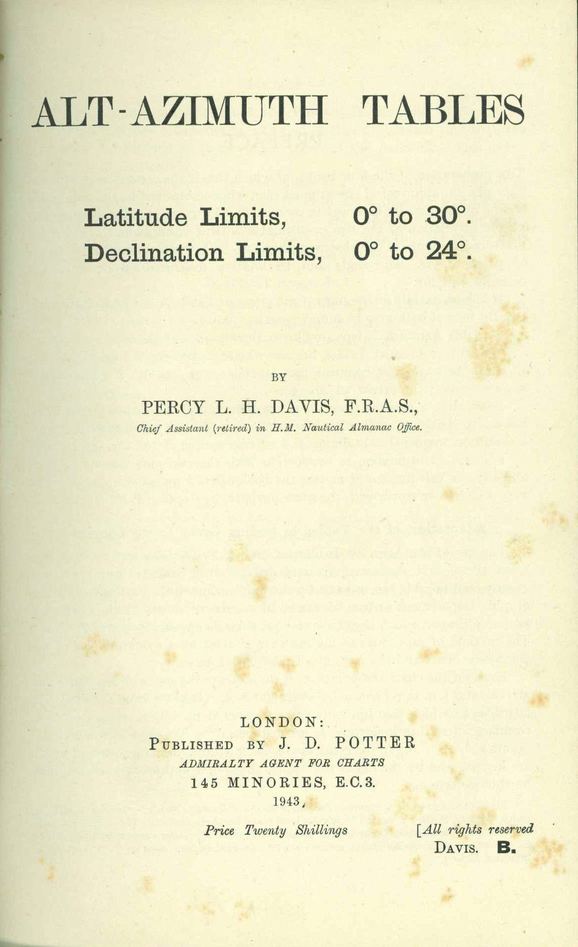BIBLIO | ALT-AZIMUTH TABLES by Davis, Percy L. H., F.R.A.S | Hardcover ...